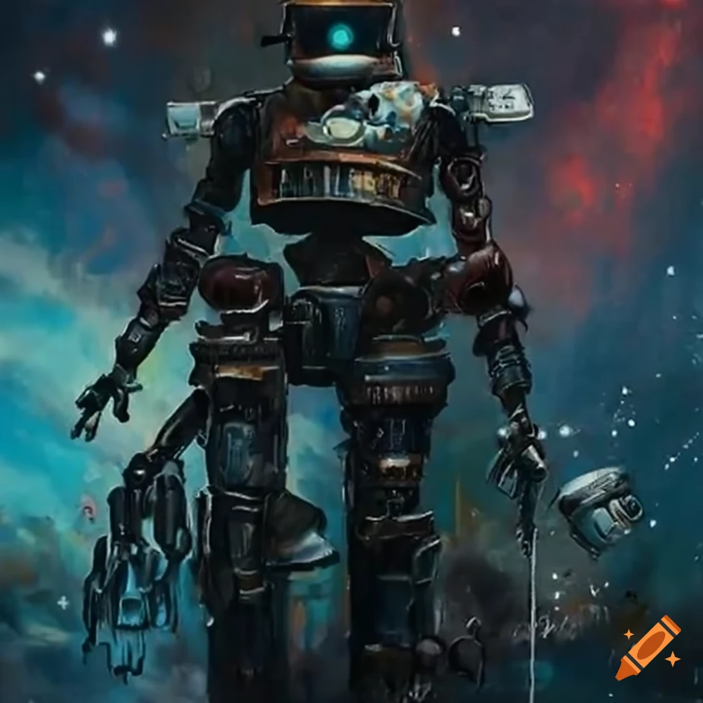 Post-apocalypse robot adrift in space with smaller robots on Craiyon