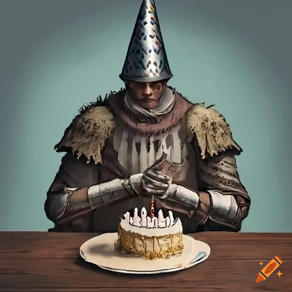 Man in elden ring style armor with birthday cake at table on Craiyon