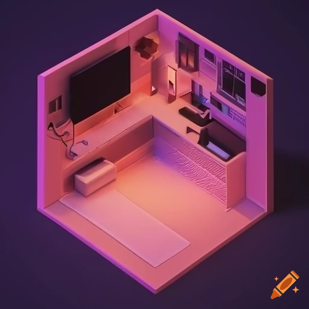 Isometric cozy cube room with neon computers synthwave on Craiyon