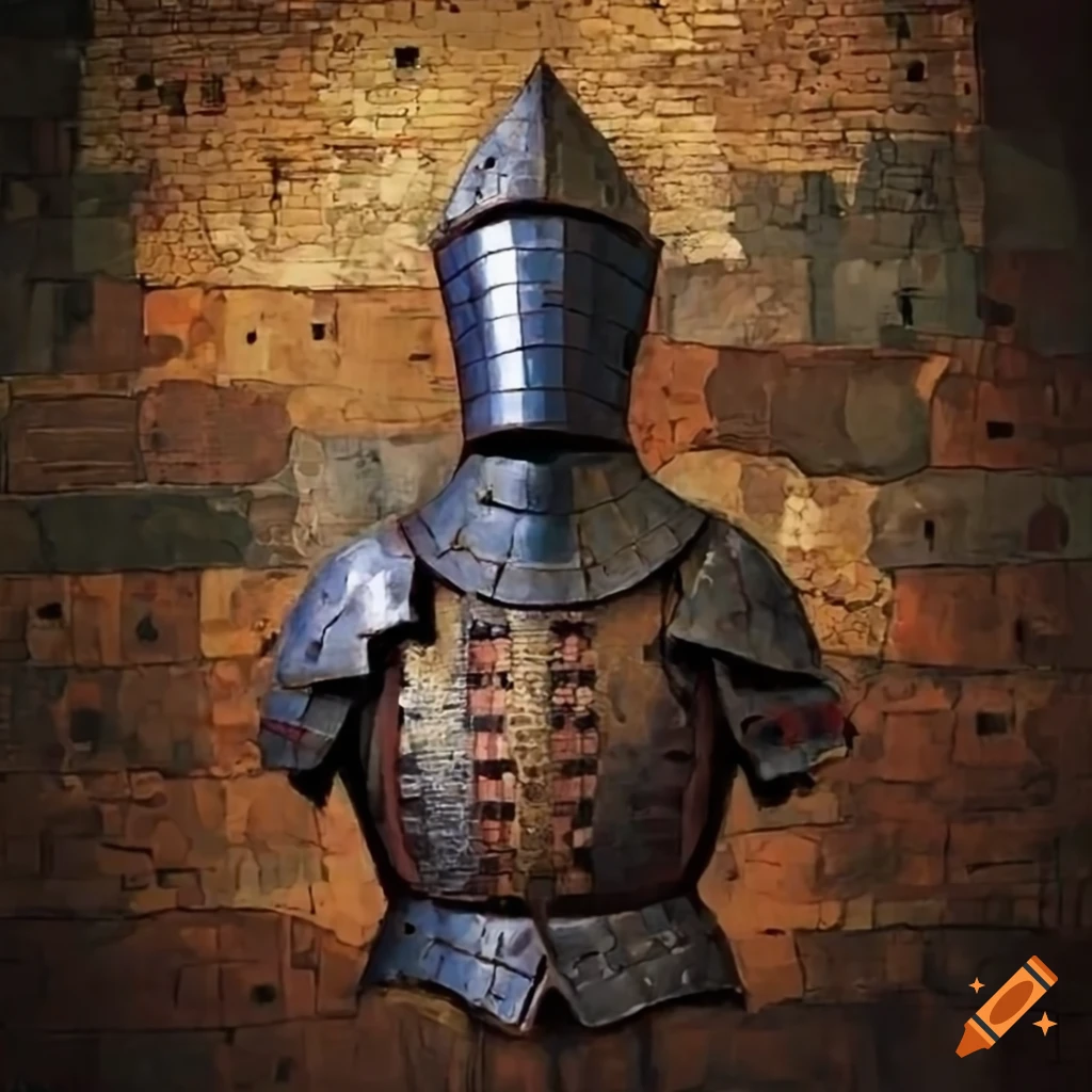 Medieval painting of detailed patchwork castle wall of armor on Craiyon