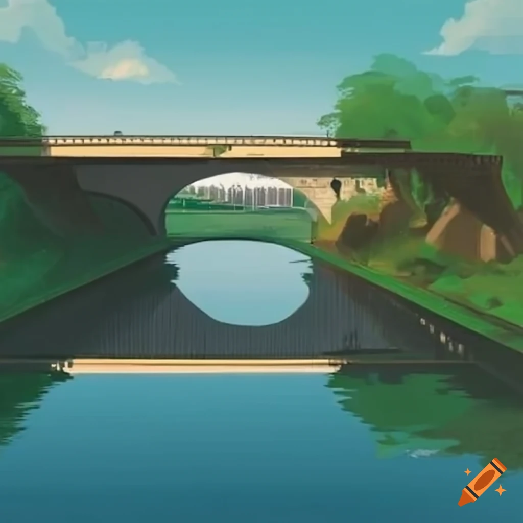 Bridge over canal with pedestrian bridge and solar panels on Craiyon