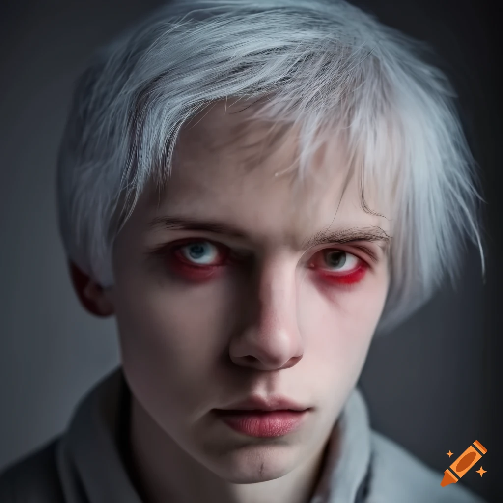 Pale young man with white hair and red eyes on Craiyon