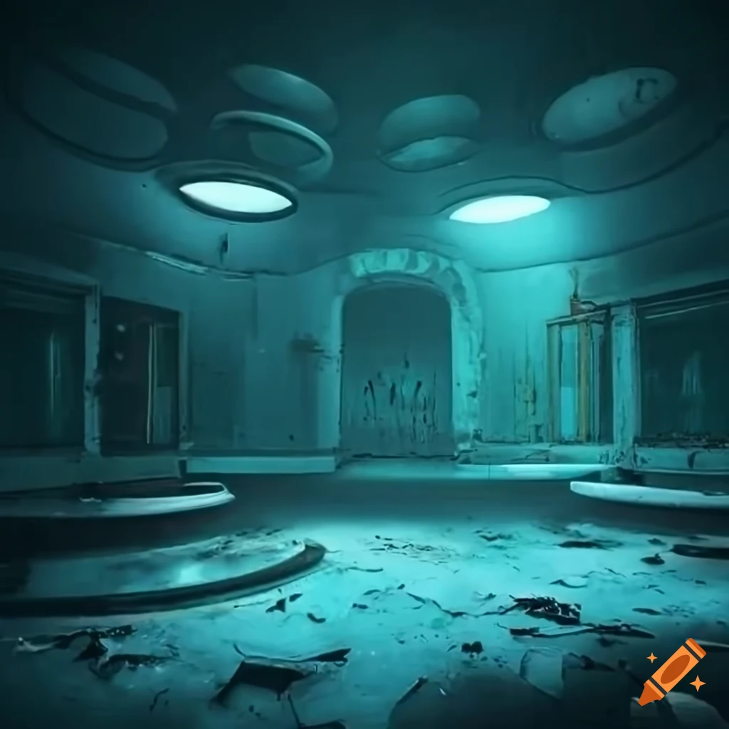 Interior of abandoned underwater futuristic base with damaged walls and ...