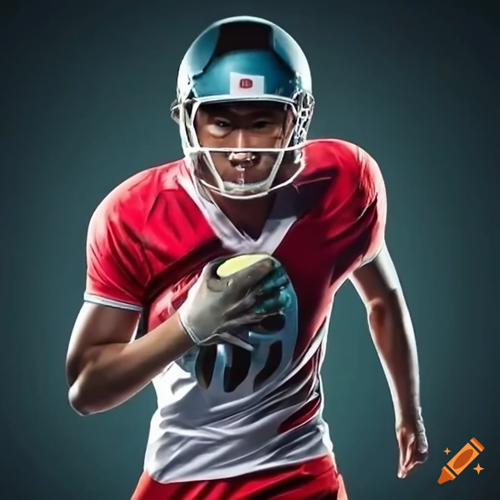 Close-up portrait of determined asian football player without helmet on ...