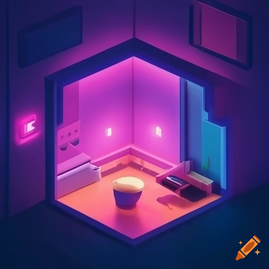 Isometric cozy cube room with neon computers synthwave on Craiyon