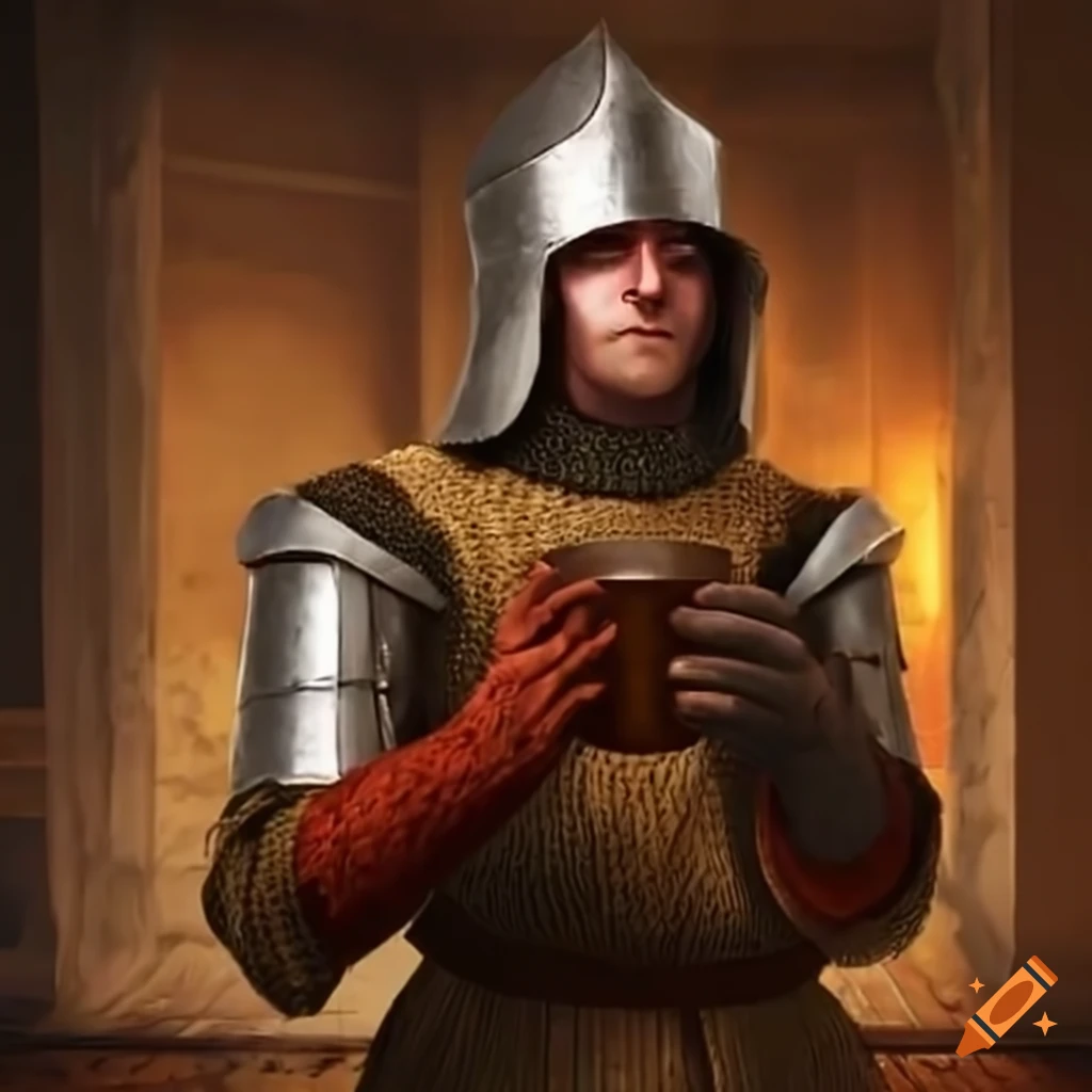 Medieval guard sipping tea in a cozy room on Craiyon