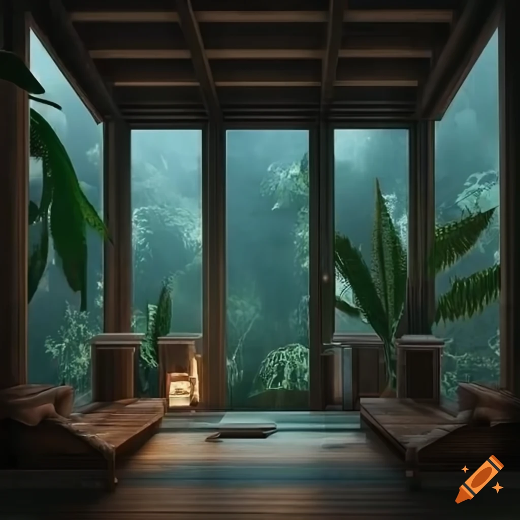 Interior of a wooden mansion in a rainforest at night with intricate ...