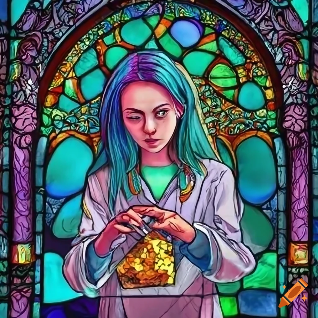 Stained glass window of young female scientist with glowing mineral in ...