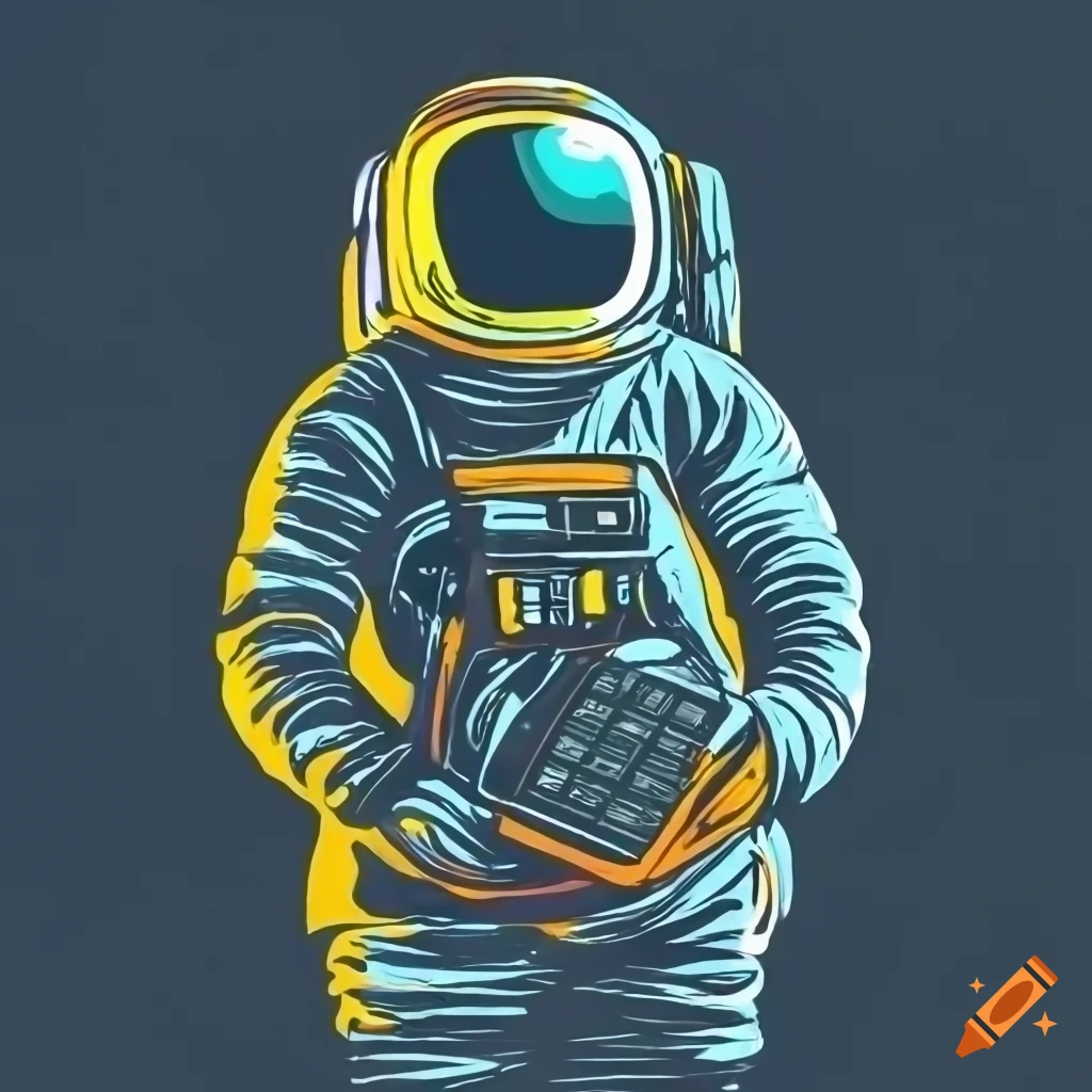 Retro astronaut with akai mpc installed in chest walking on spectral ...