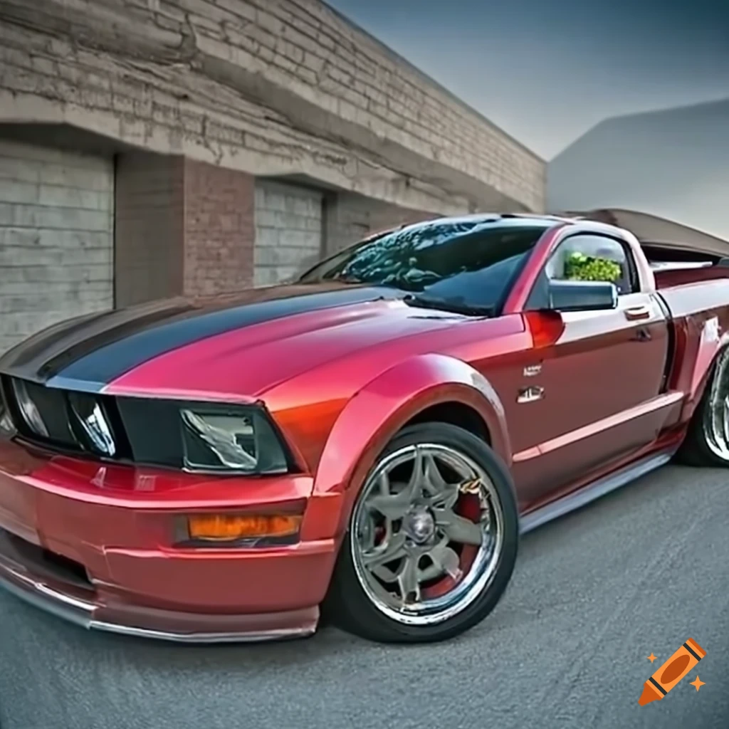 Modified 2007 ford mustang with a pickup truck conversion on Craiyon