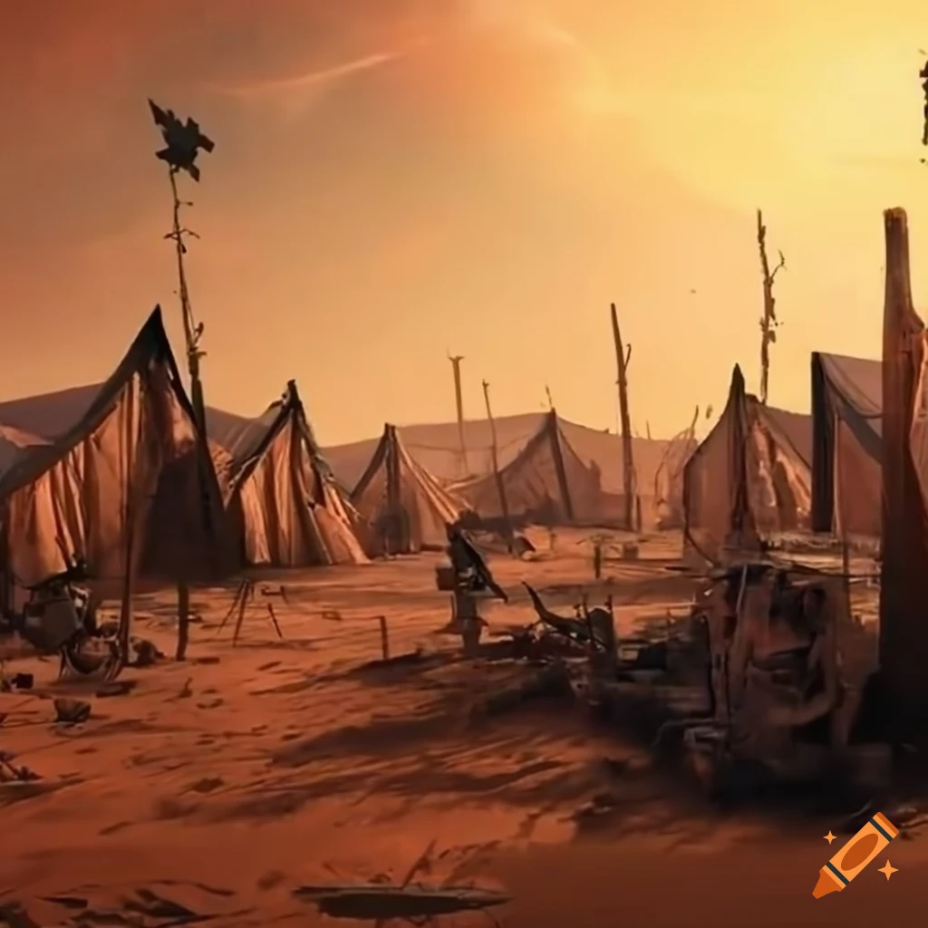 Post apocalyptic military camp in an empty desert during the day on Craiyon