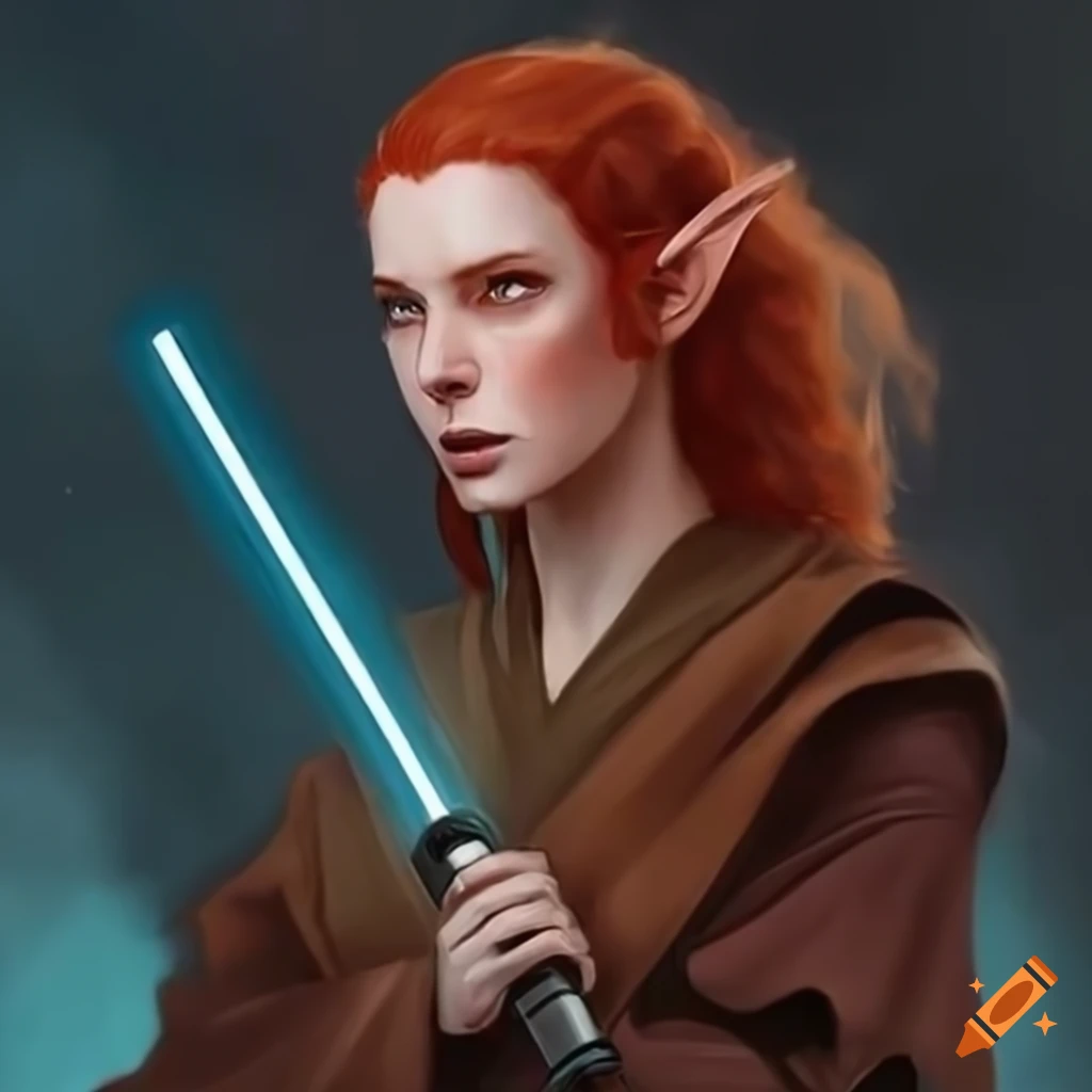 Red-haired elven Jedi knight with lightsaber on Craiyon
