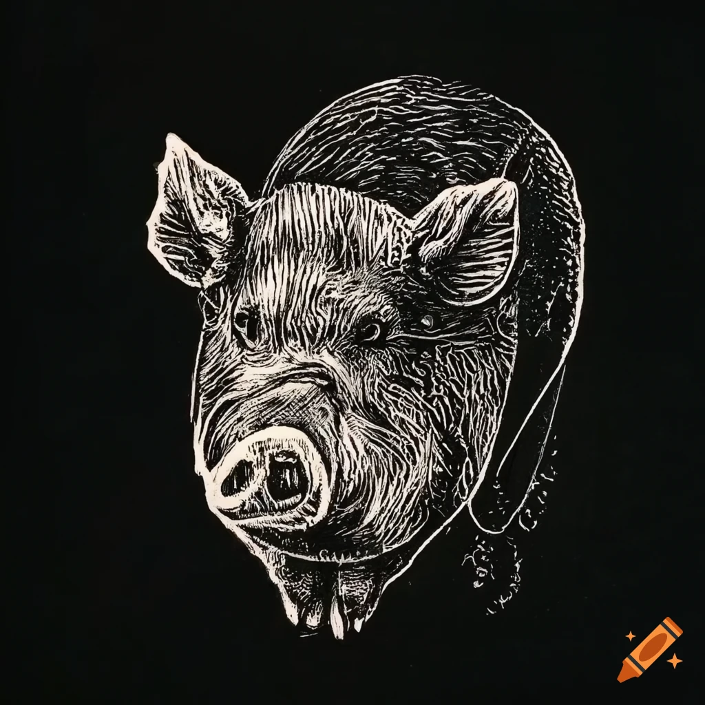 Linocut etching of a powerful pig snorting on Craiyon