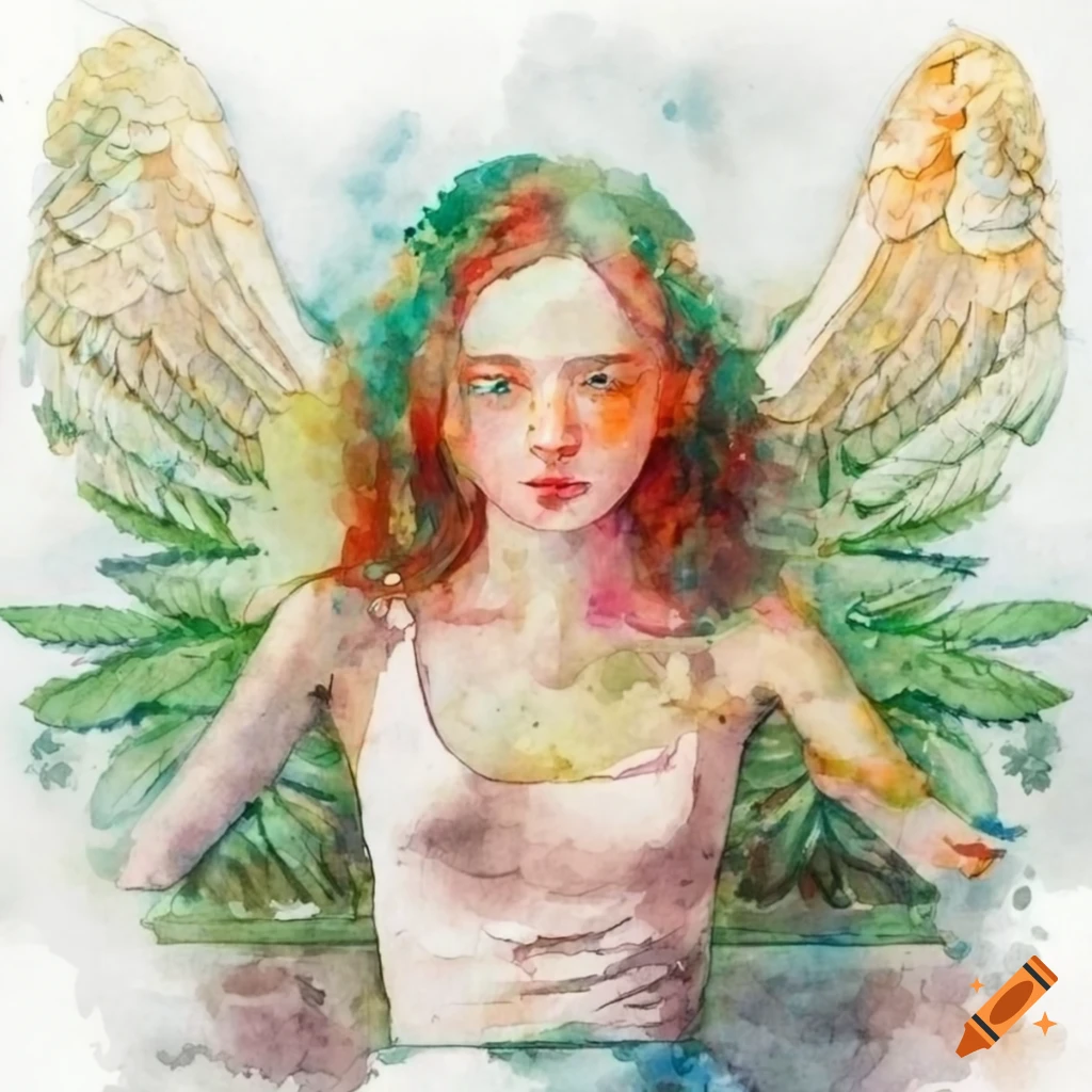 Young woman angel in a marijuana farm with head in hands on Craiyon