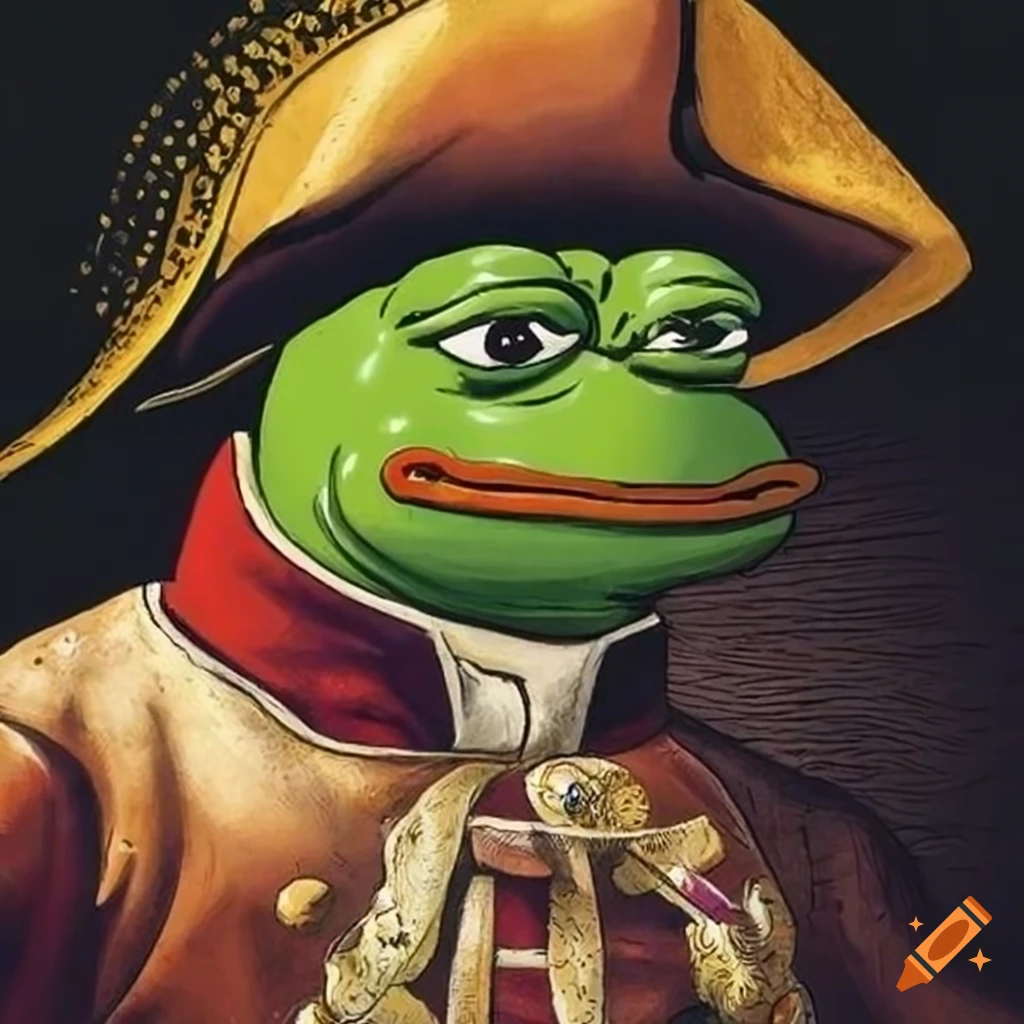 Humorous illustration of pepe the frog as napoleon bonaparte on Craiyon