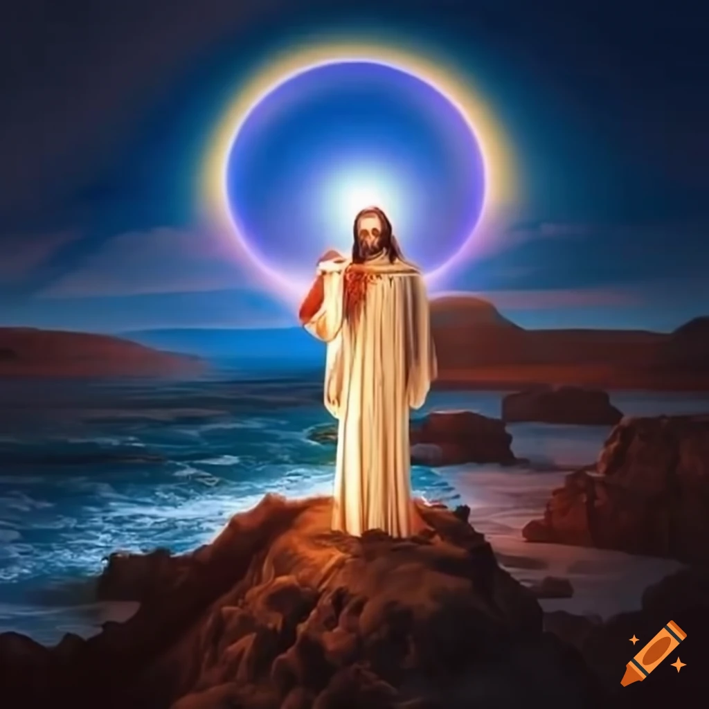 Essenes scene with Jesus surrounded by vibrant energy and light on Craiyon