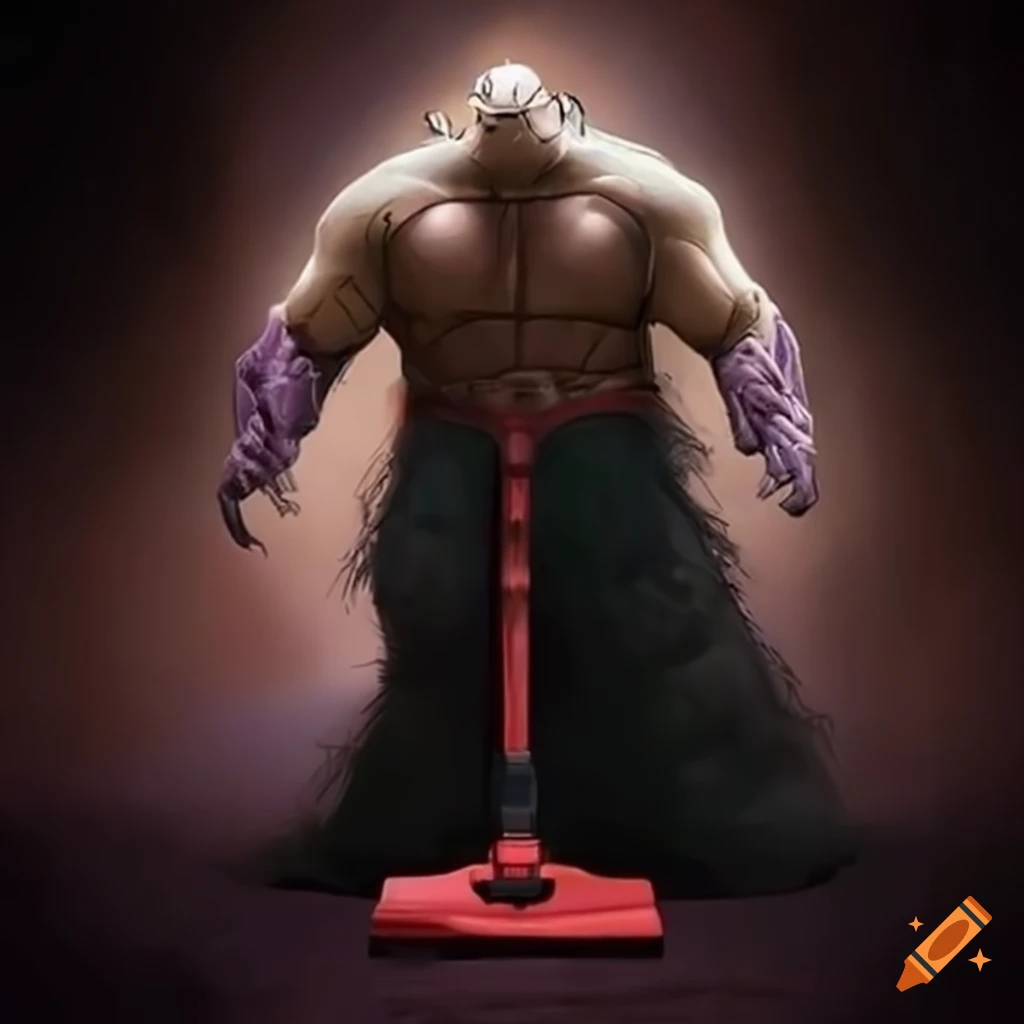 Gigantic super-villain holding a huge vacuum cleaner on Craiyon