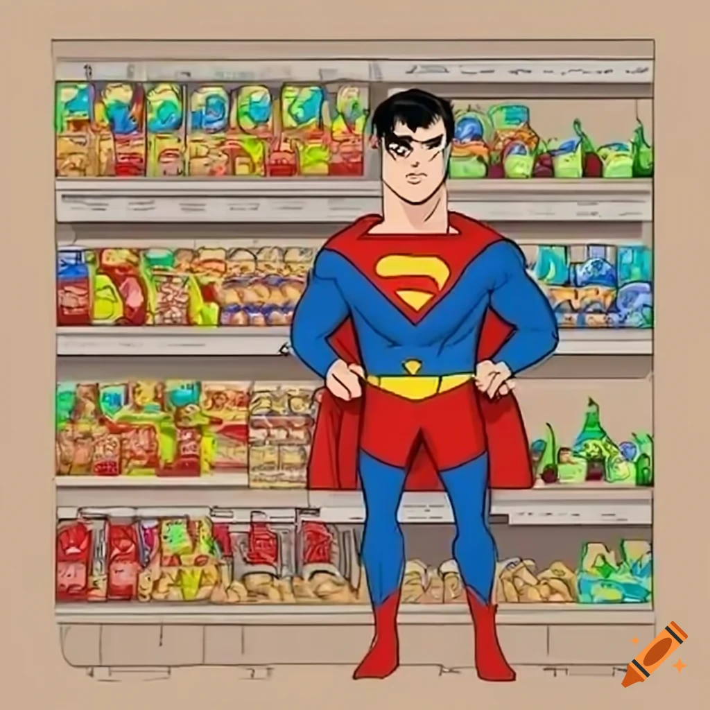 Superman reading food labels at the grocery store in a comic style on ...