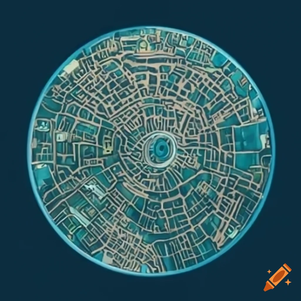 Intricately detailed medieval city map with circular design and central ...