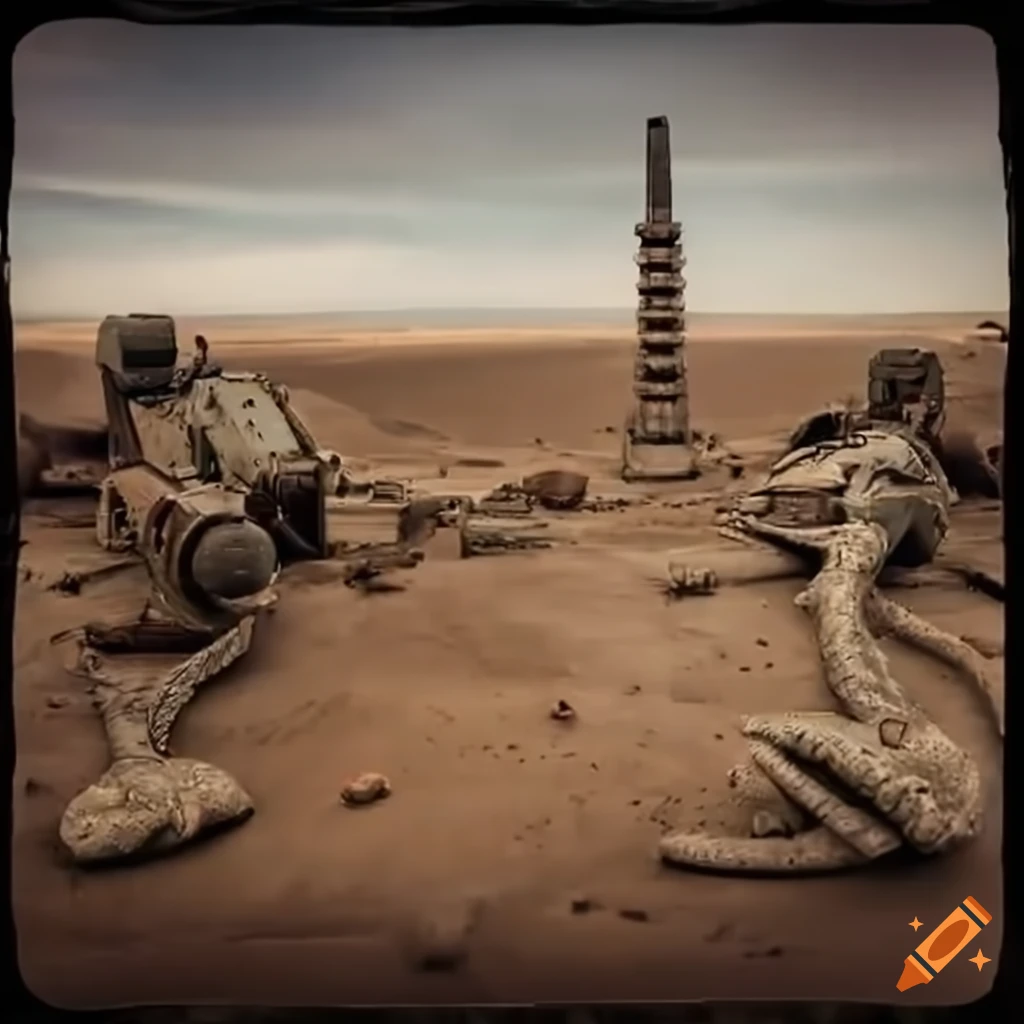 Colossus biped war machine in post-apocalyptic desert landscape on Craiyon