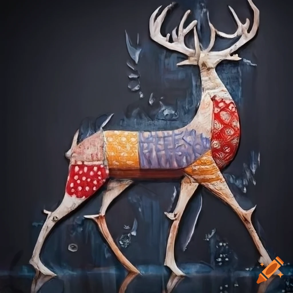 Medieval abstract patchwork reindeer carved in ice on Craiyon