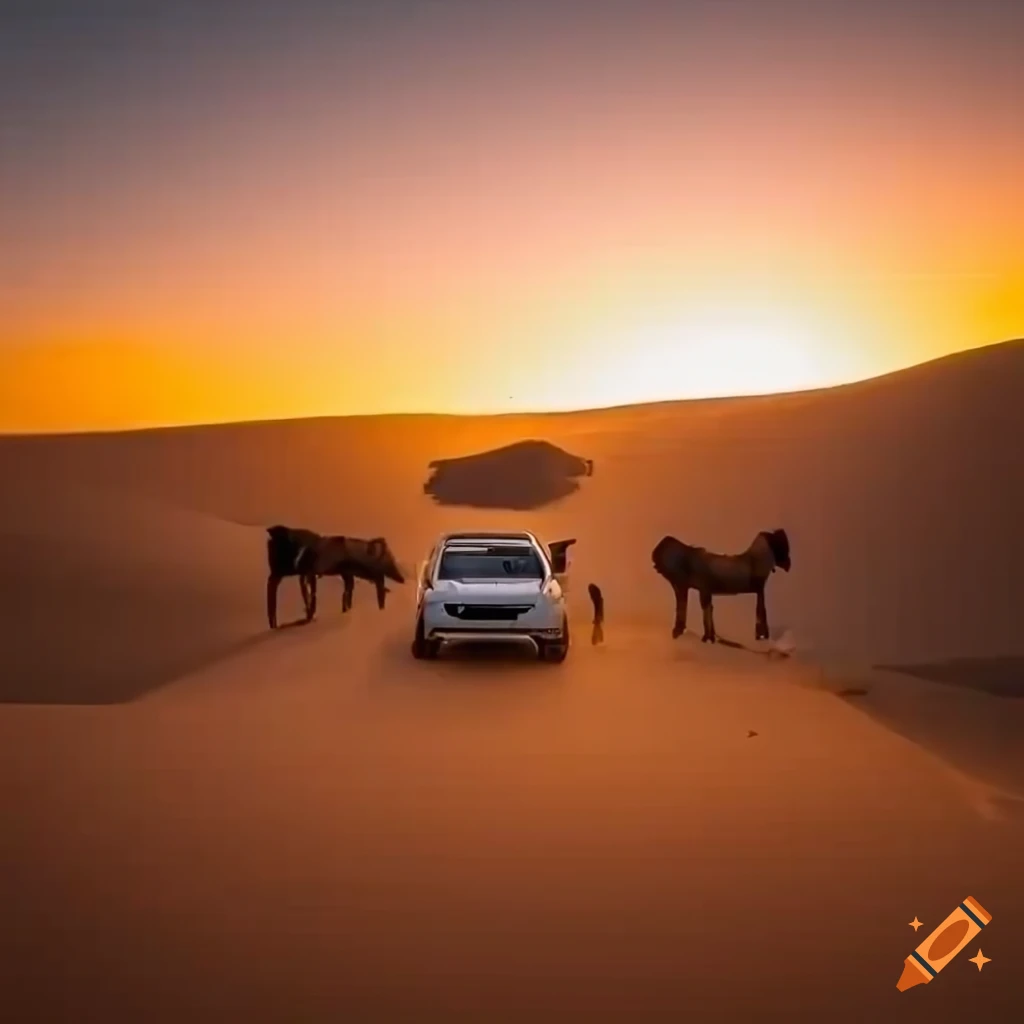 Nissan patrol 2021 in desert with camels during sunset on Craiyon