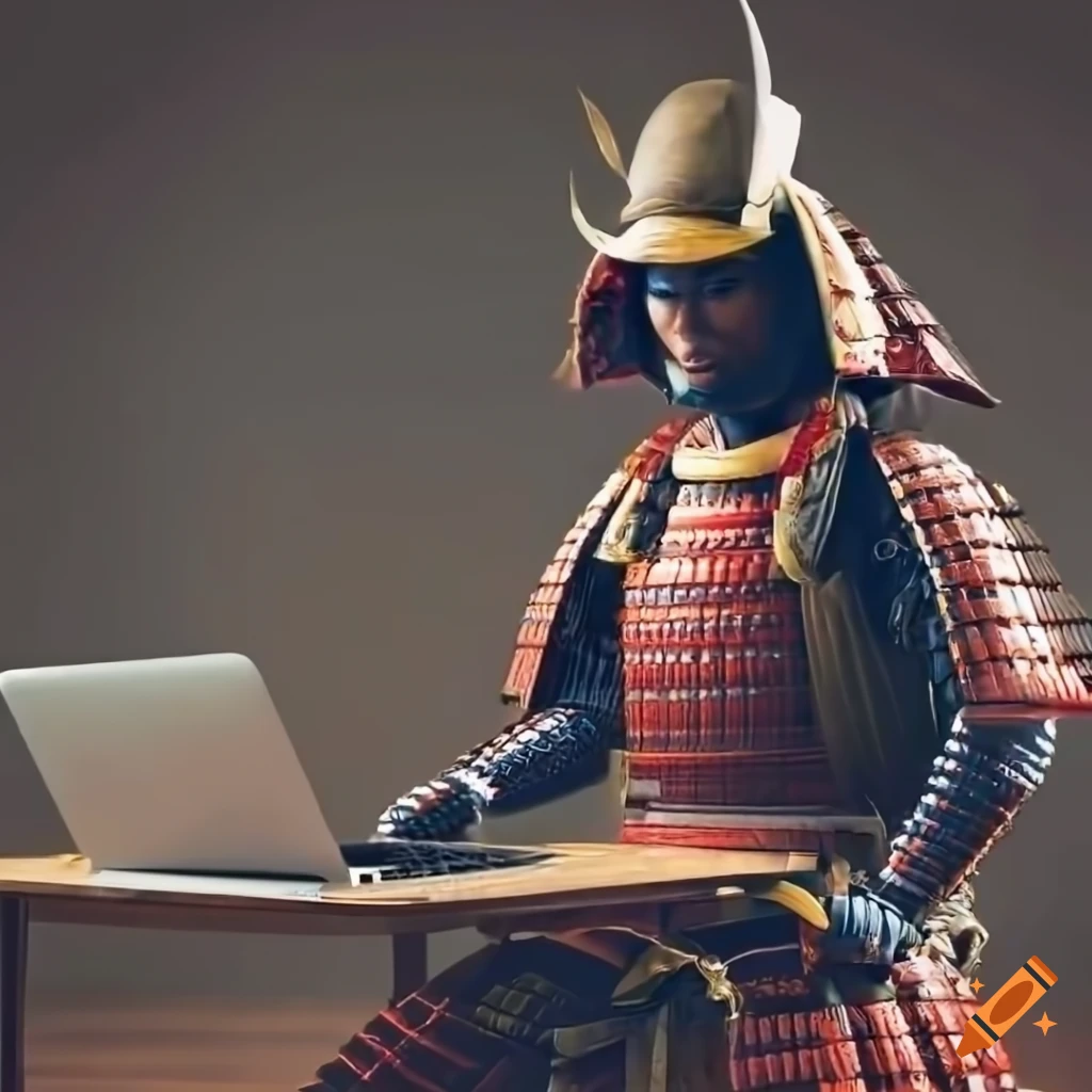 Samurai in armor sitting at a modern desk with a laptop on Craiyon