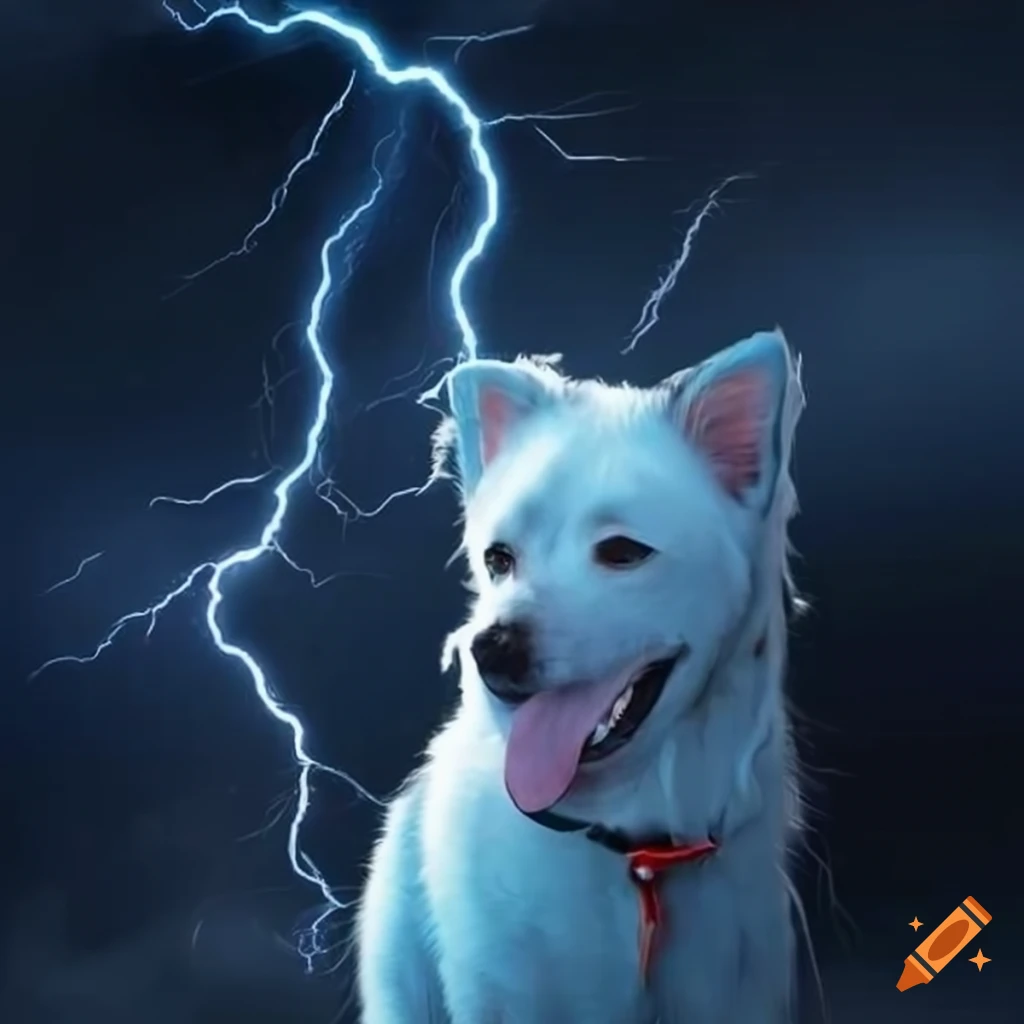White dog under rain with lightning on Craiyon