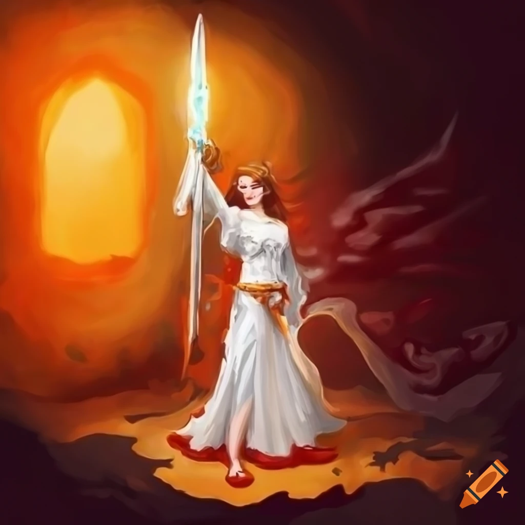 Woman in orange and white robe with fiery magic sword in painterly ...