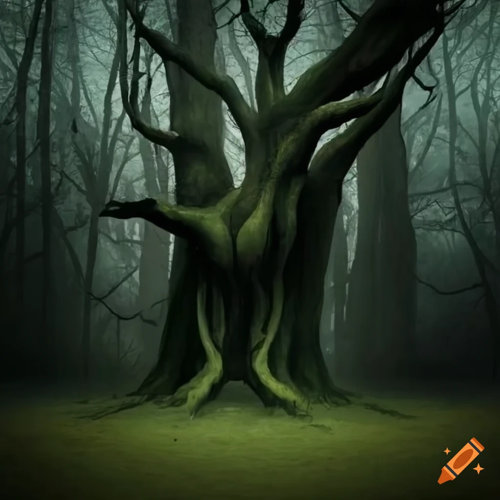 Creepy haunted forest with a large tree in hyper-realistic style on Craiyon