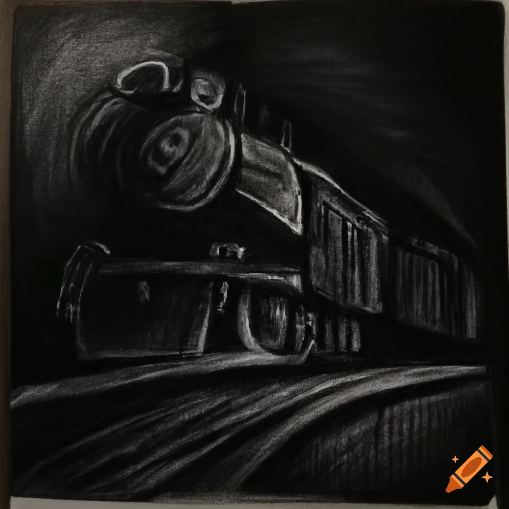 Night train speeding by with illuminating lights in charcoal drawing on ...