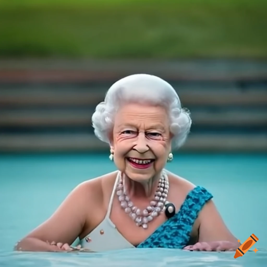Elegant queen elizabeth ii relaxing in a swimming pool on Craiyon