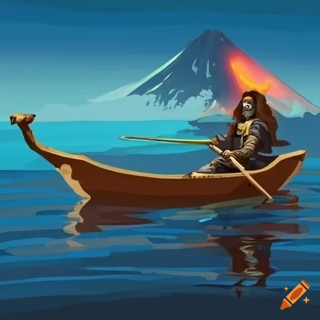 Water genasi in a canoe with a volcano in the background on Craiyon