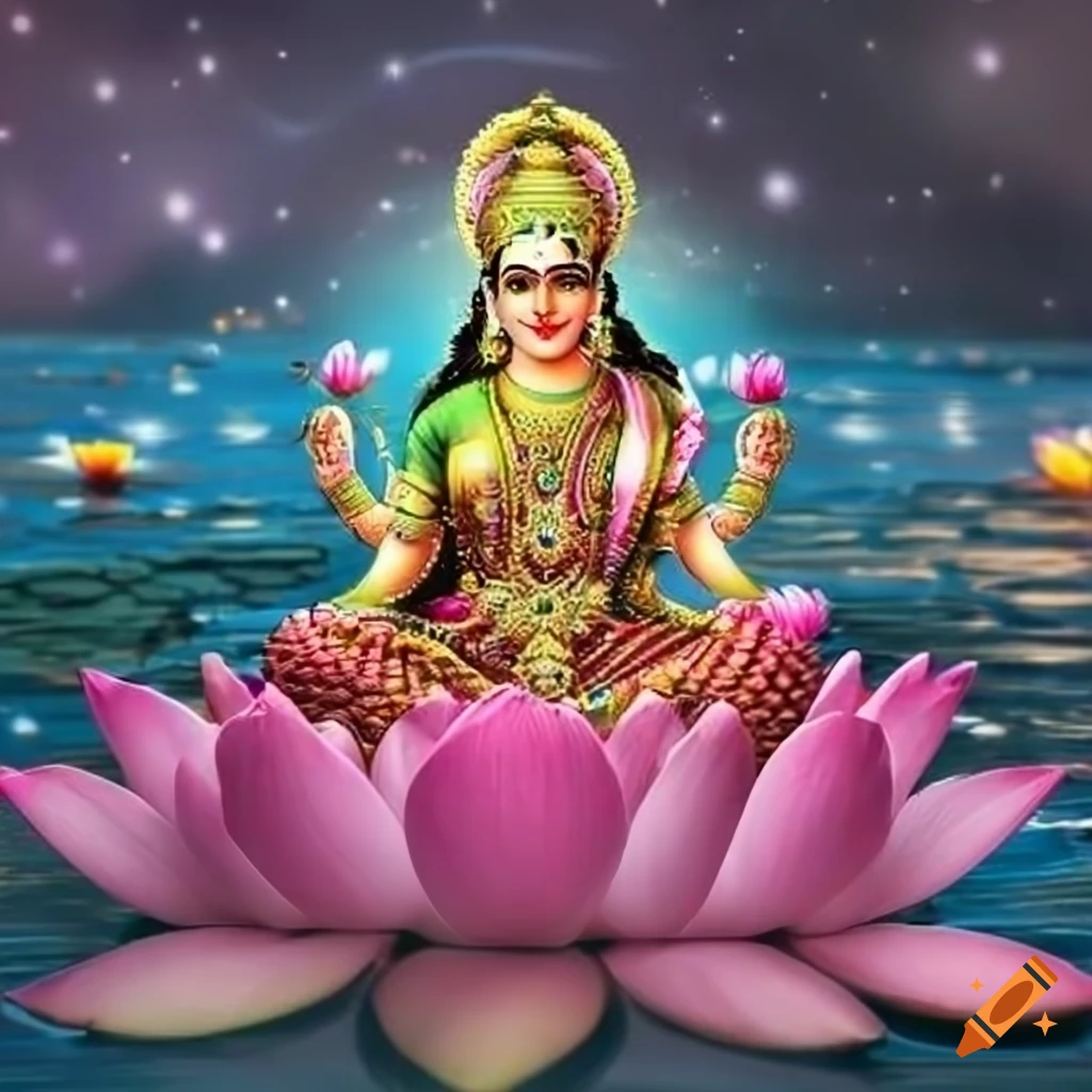 Goddess Laxmi holding lotus flower in a magical celestial pond with ...