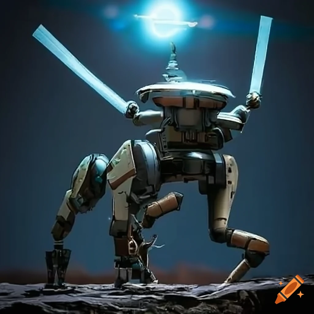 Large four-legged mech with an energy sword and solar panels on Craiyon