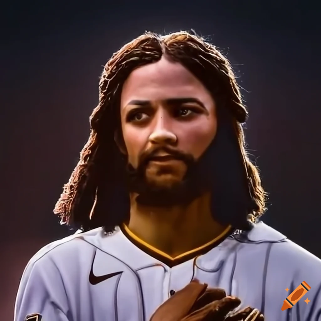 Jesus in a San Diego Padres jersey throwing the first pitch on Craiyon