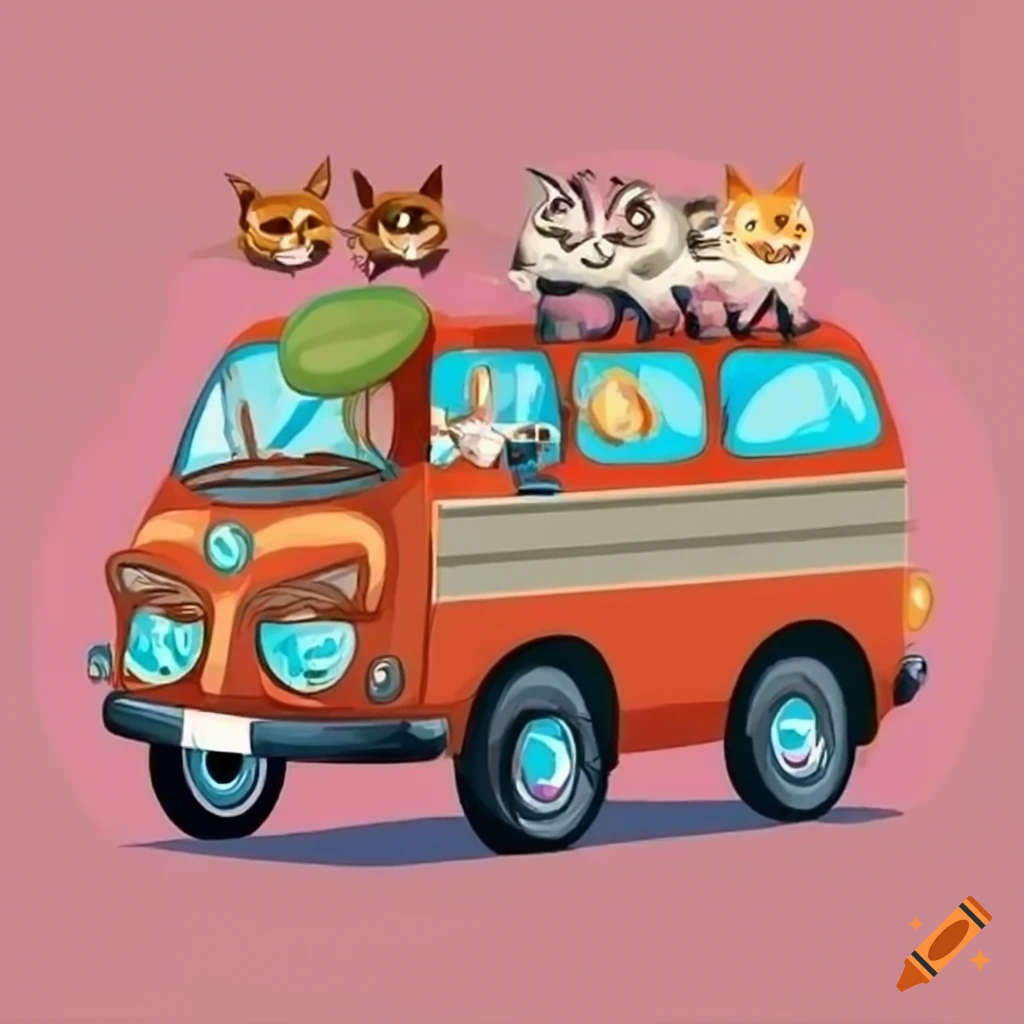 Van with six cats in cartoon style on Craiyon