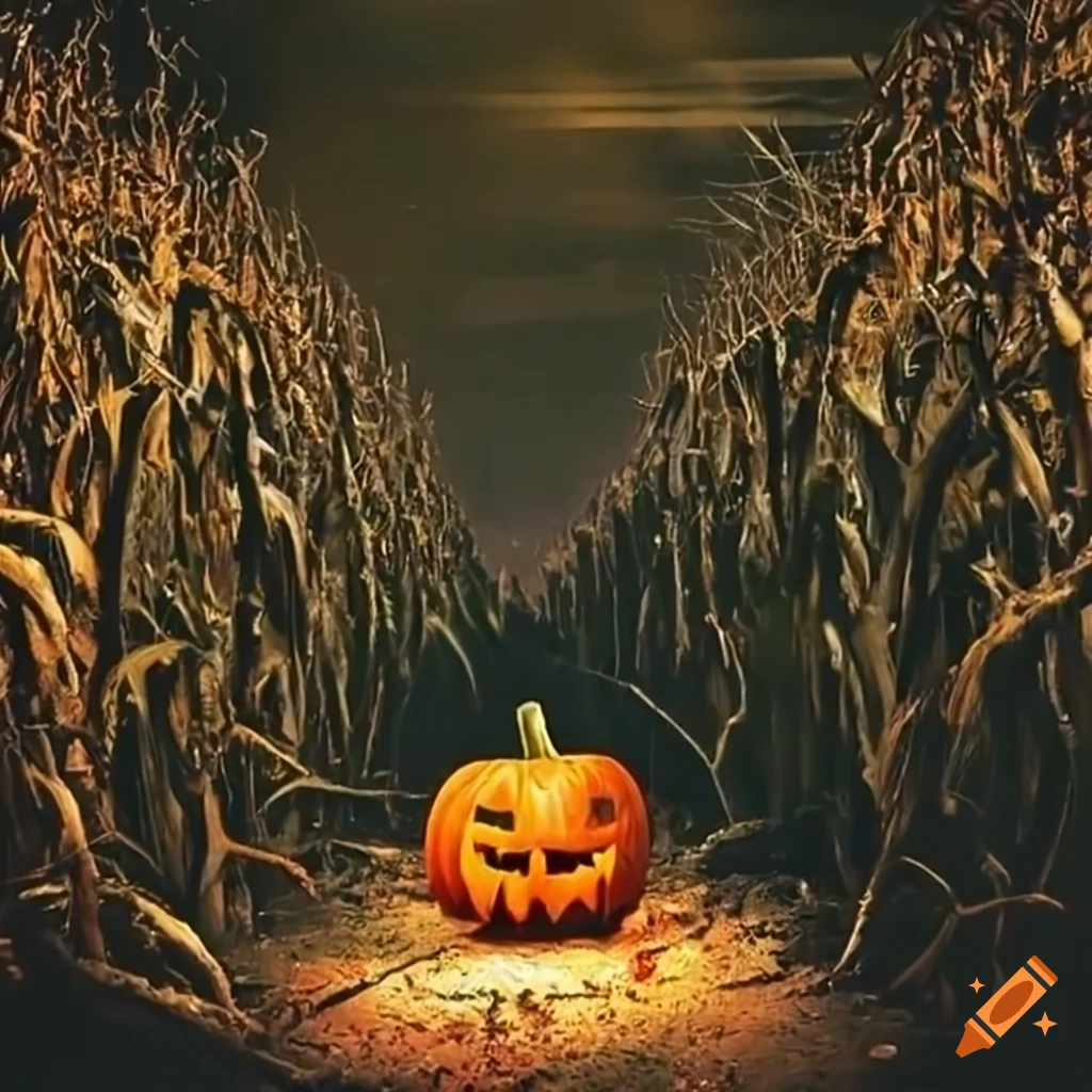 Path down a haunted corn maze with halloween pumpkins and spooky ...