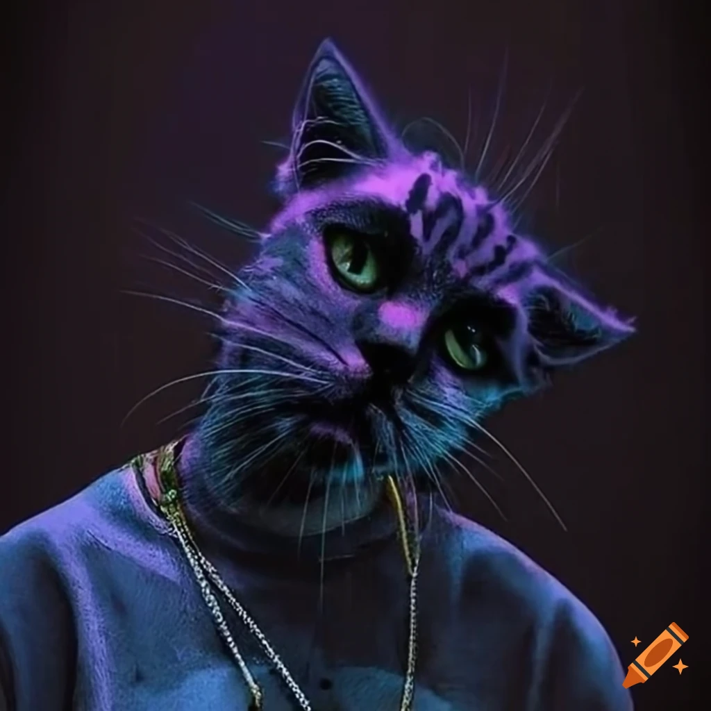 Cat with rapper style and black eyes in an abstract composition on Craiyon