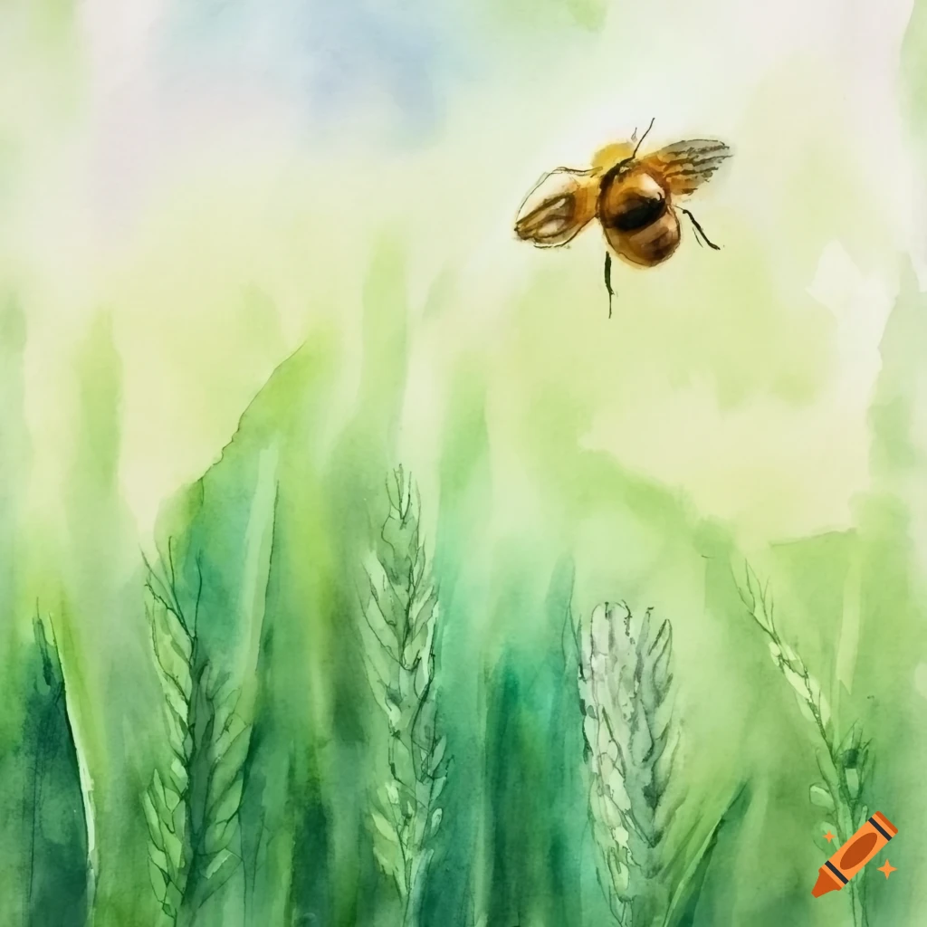 Green wheat field with bee in spring depicted in watercolor on Craiyon