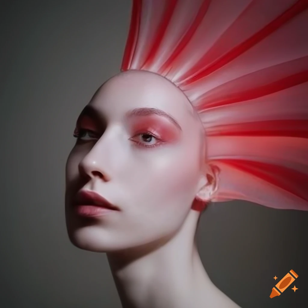 Avant-garde fashion photo of a biomorphic transparent woman in intense ...
