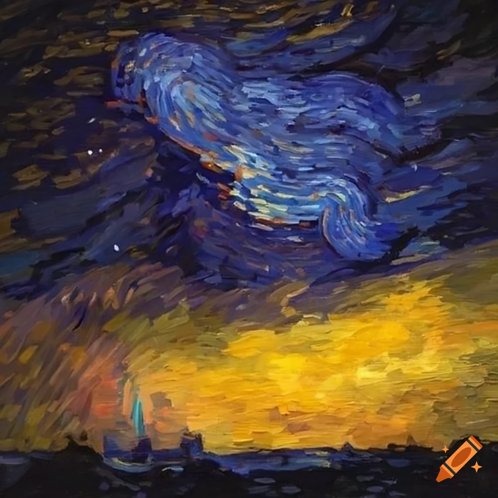 Night sky with airplanes, stars, storm clouds, and lightning in Van Gogh style painting on Craiyon