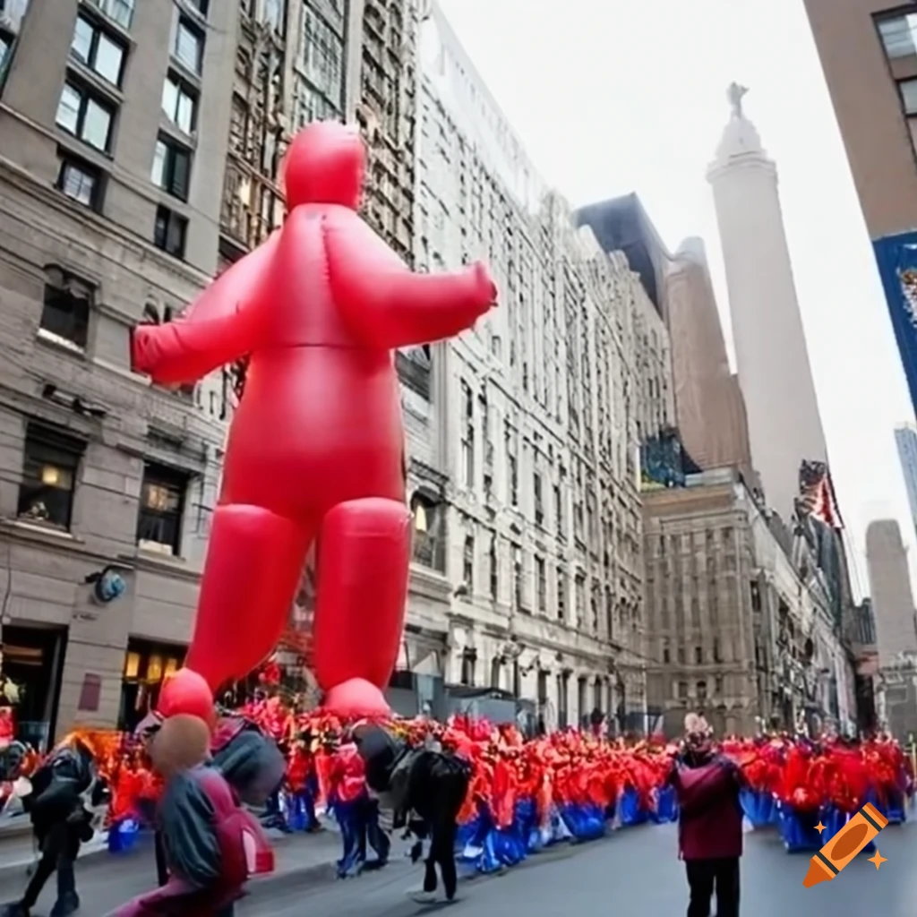 Giant inflatable parade figure in an urban street setting on Craiyon