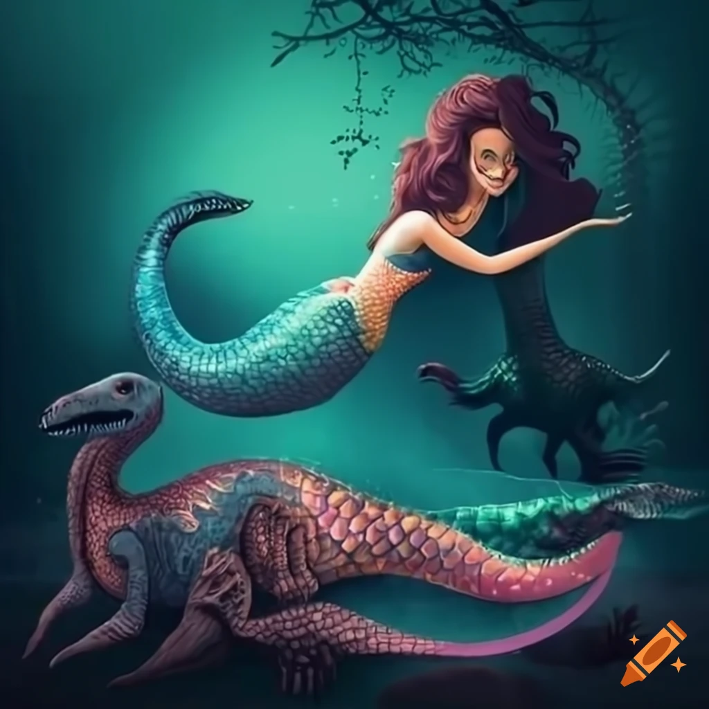 Mermaids and dinosaurs in a boho style full hd scene on Craiyon