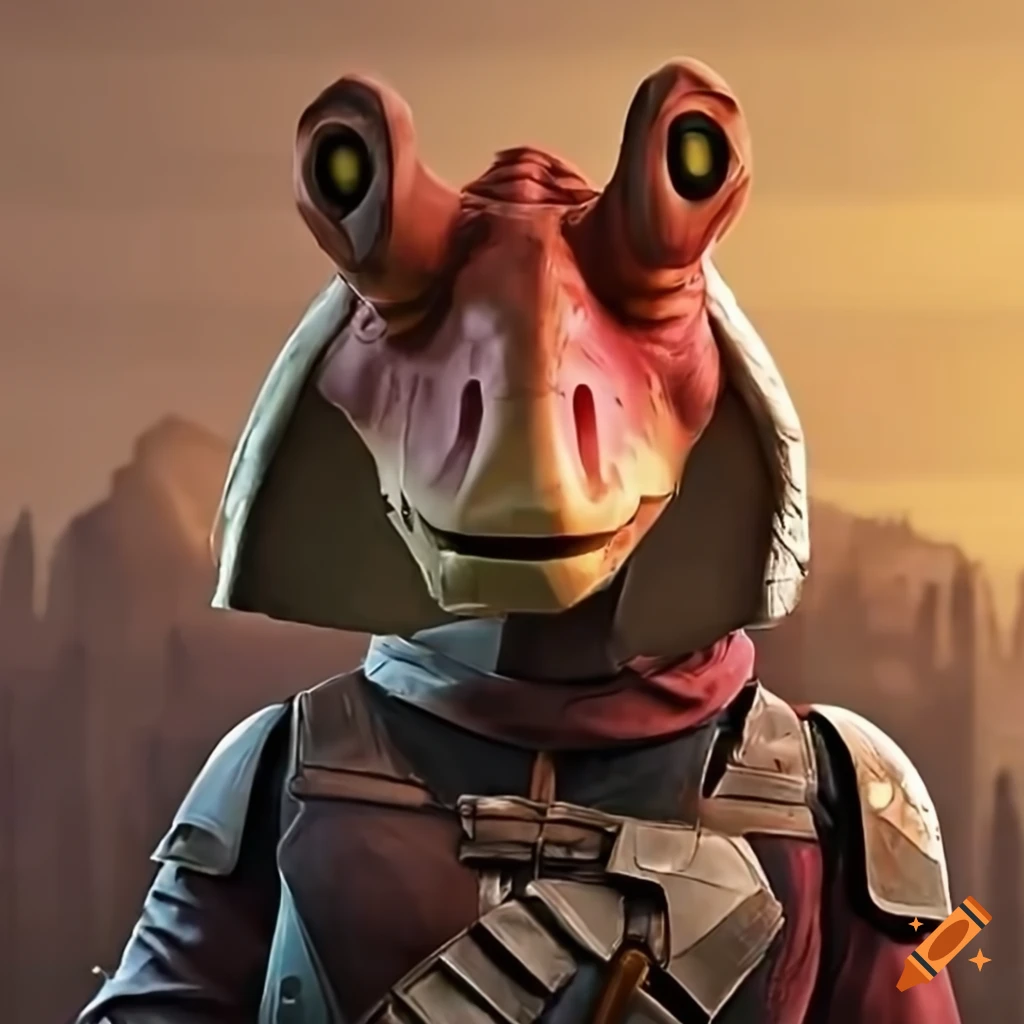Jar jar binks pondering in mandalorian armor on Craiyon