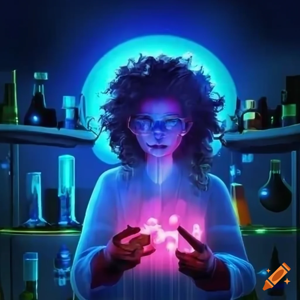 Scientist with glowing mineral in epic fantasy lab setting on Craiyon