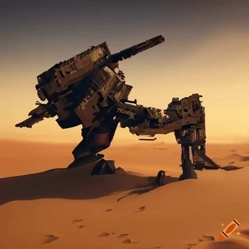 Futuristic armored war machine in a post-apocalyptic desert on Craiyon