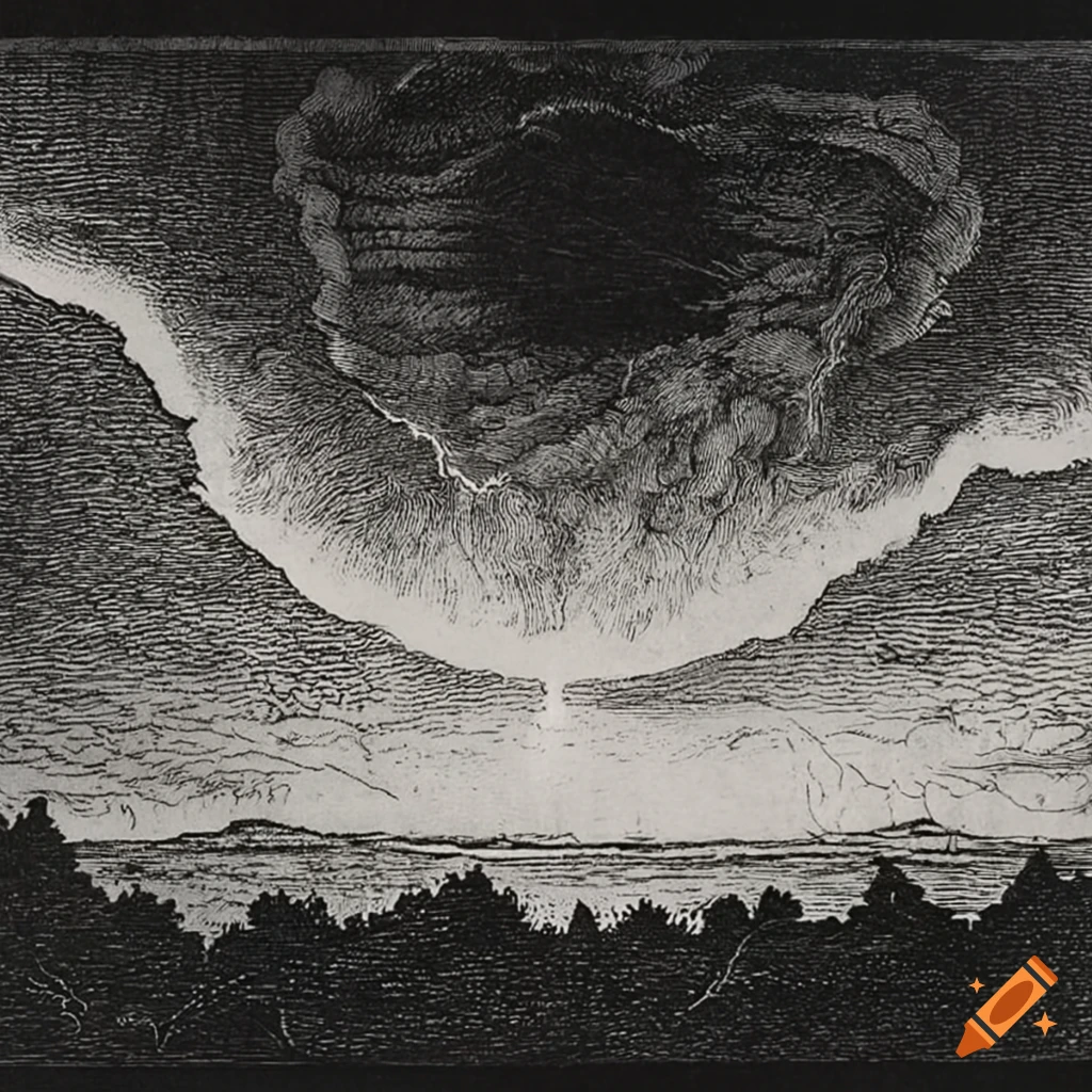 Eye of doom in sky with storm clouds and lightning strikes by kittelsen ...