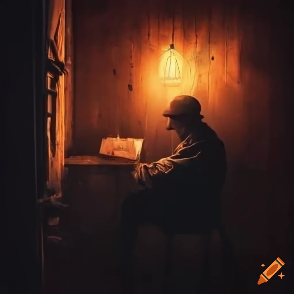 Nostalgic man in a cabin with old photographs and dim orange light on ...