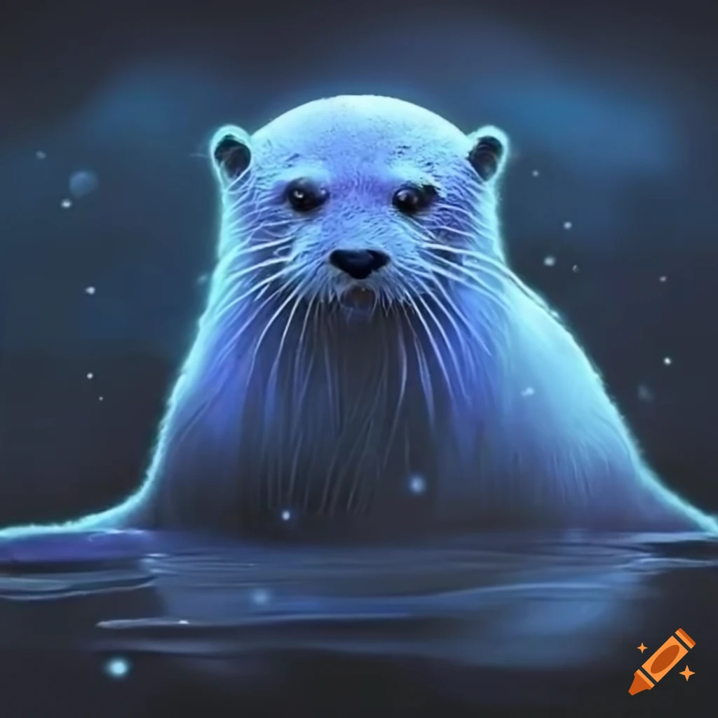 Magical white otter in pond under blacklight with glowing bubbles on ...